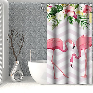 OERJU 36x72inch Pink Flamingo Shower Curtain Cute Tropical Animal Colorful Floral Green Leaf Botany White Stripe Arrows Base for Bathroom Decor Fabric Polyester Shower Curtain Liner with Hooks