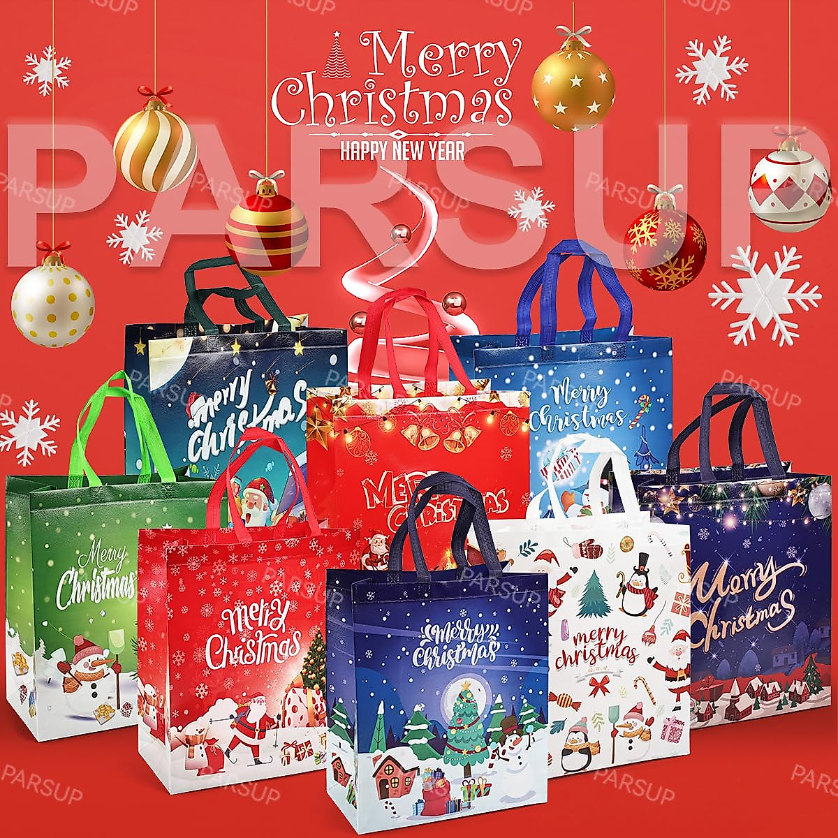 PARSUP 8PCS Large Christmas Gift Bags, Tote Bags with Handles, Christmas Treat Bags, Multifunctional Non-Woven Christmas Bags for Gifts Wrapping Shopping, Xmas Party Supplies, 15"×13.8"×5.9"