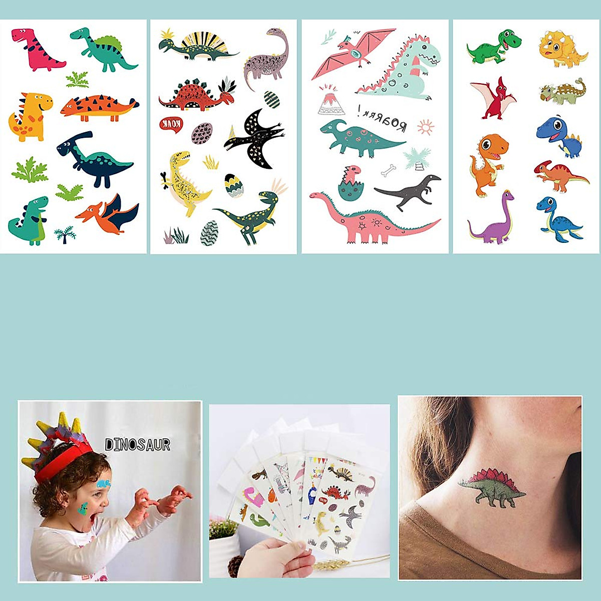 250pcs Temporary Tattoos for Kids Birthday Party - Featured 4 Series of Cute Waterproof Tattoos for Boys Girls, Dinosaurs,Spaceships,Fish,unicorn