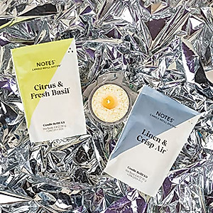 NOTES Sustainable Candle Kit | Non-Toxic Fragrance, Natural Wax Beads, Wick, Reusable Centering and Clean Out Disk, and a refillable Vessel-eco-Friendly-Linen & Crisp Air + Citrus & Fresh Basil