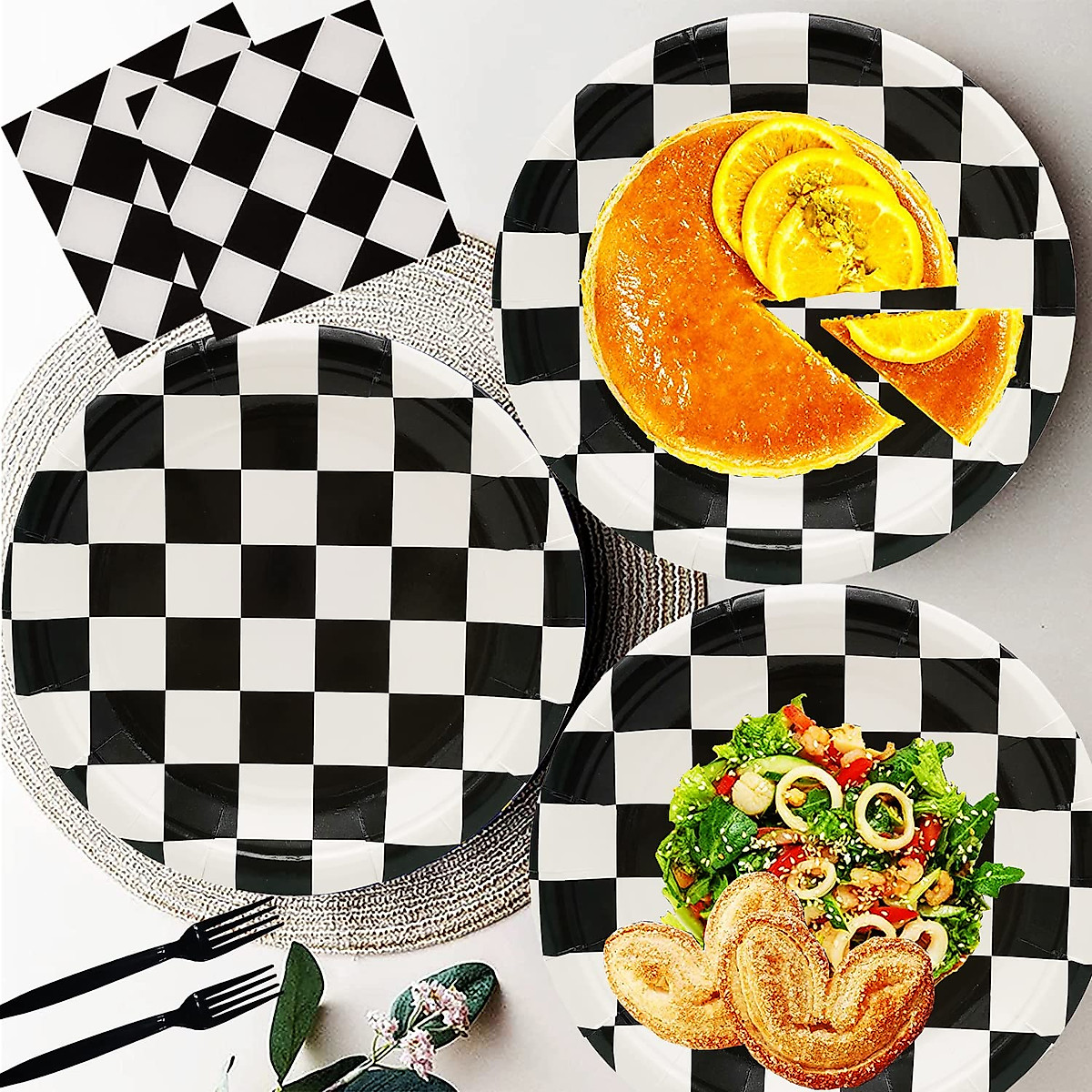 60Pcs Black and White Checkered Race Car Party Supplies,Racing Themed Tableware Set 7"Racing Dessert Paper Plates and Napkins,Fork for Kids Car Sports Race car Themed Birthday Party Decor (Car Set)