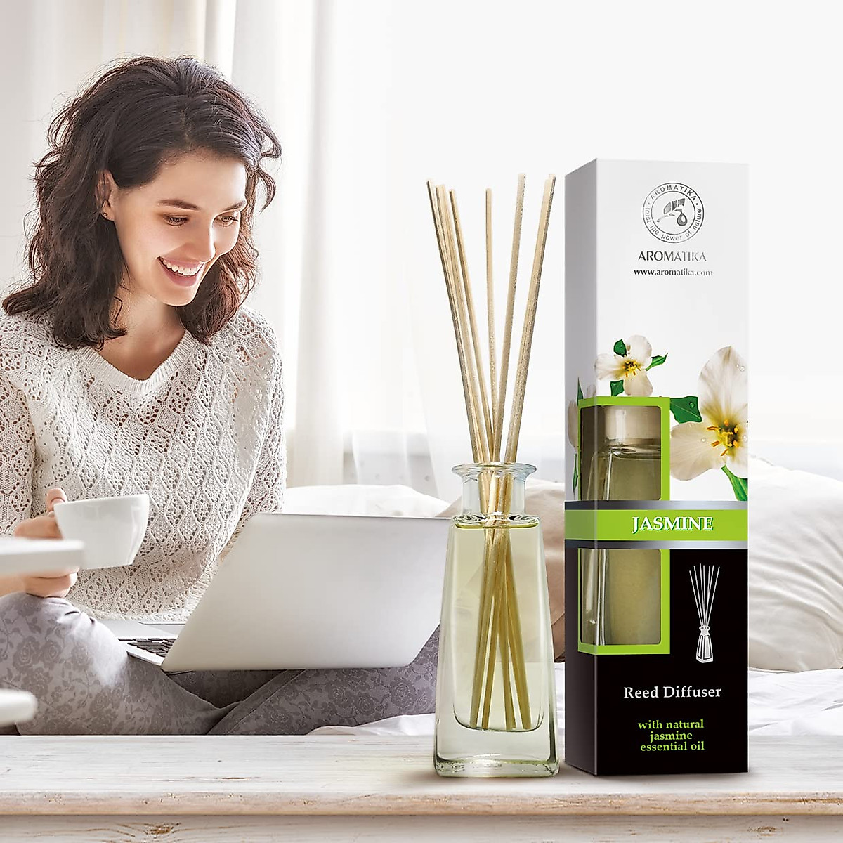 Jasmine Reed Diffuser 3.4 Fl Oz (100ml) - Home Fragrance - Air Freshener - Scented Diffuser - Gift - Spa - Home - Office - Boutique - Floral & Long Lasting Aroma - Aromatherapy