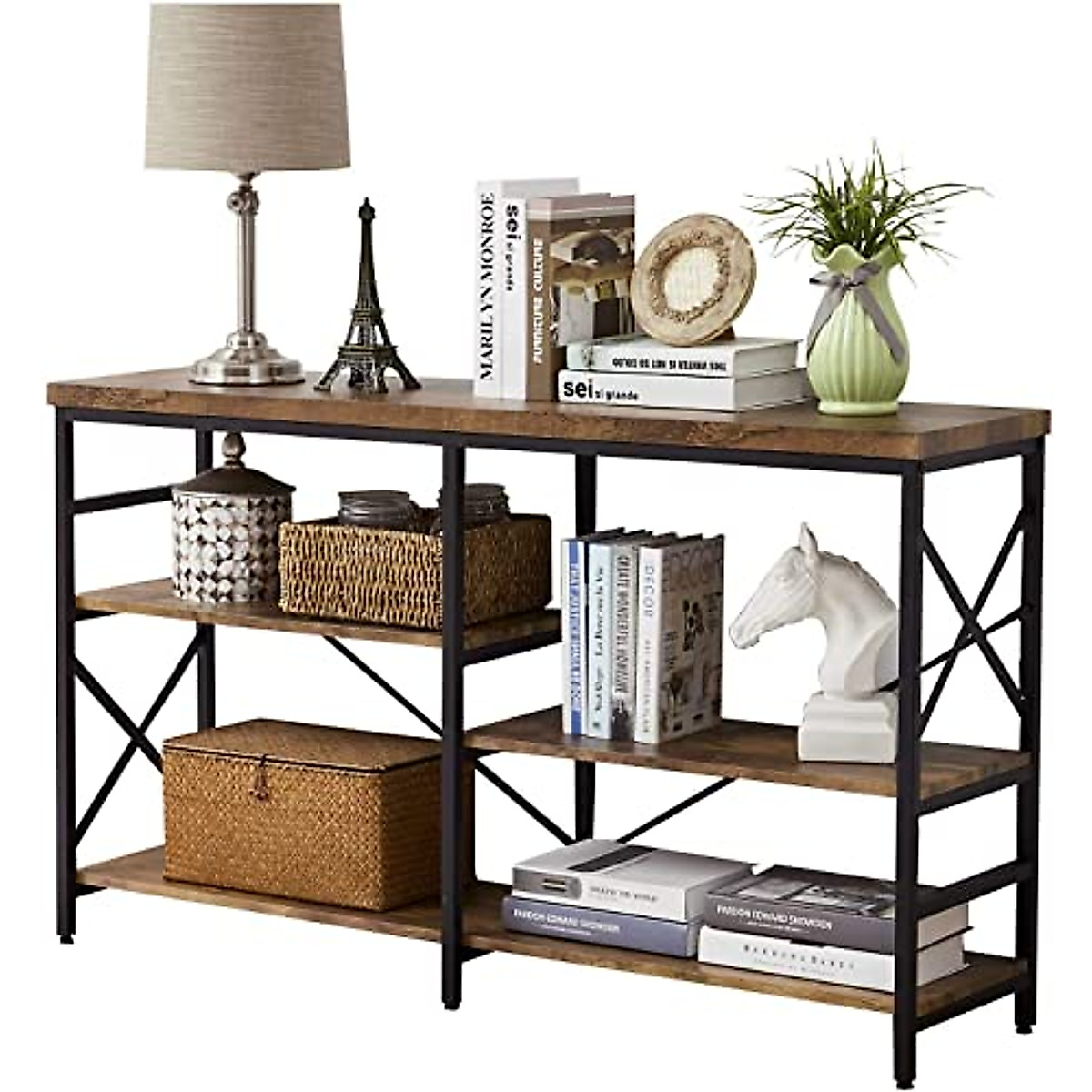 OIAHOMY Industrial Sofa Table,Console Table,3-Tier Industrial Rustic Hallway/Entryway Table,Easy Assembly,for Entryway, Living Room (Rustic Brown)