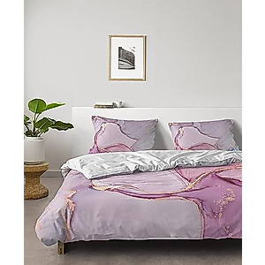 Pink Gradient Marble Golden Veins Duvet Cover Sets 4 Piece Queen Ultra Soft Bed Quilt Cover Set for Kids/Teens/Women/Men,Modern Abstract Ink Painting Art Bedding Collection All Season Use