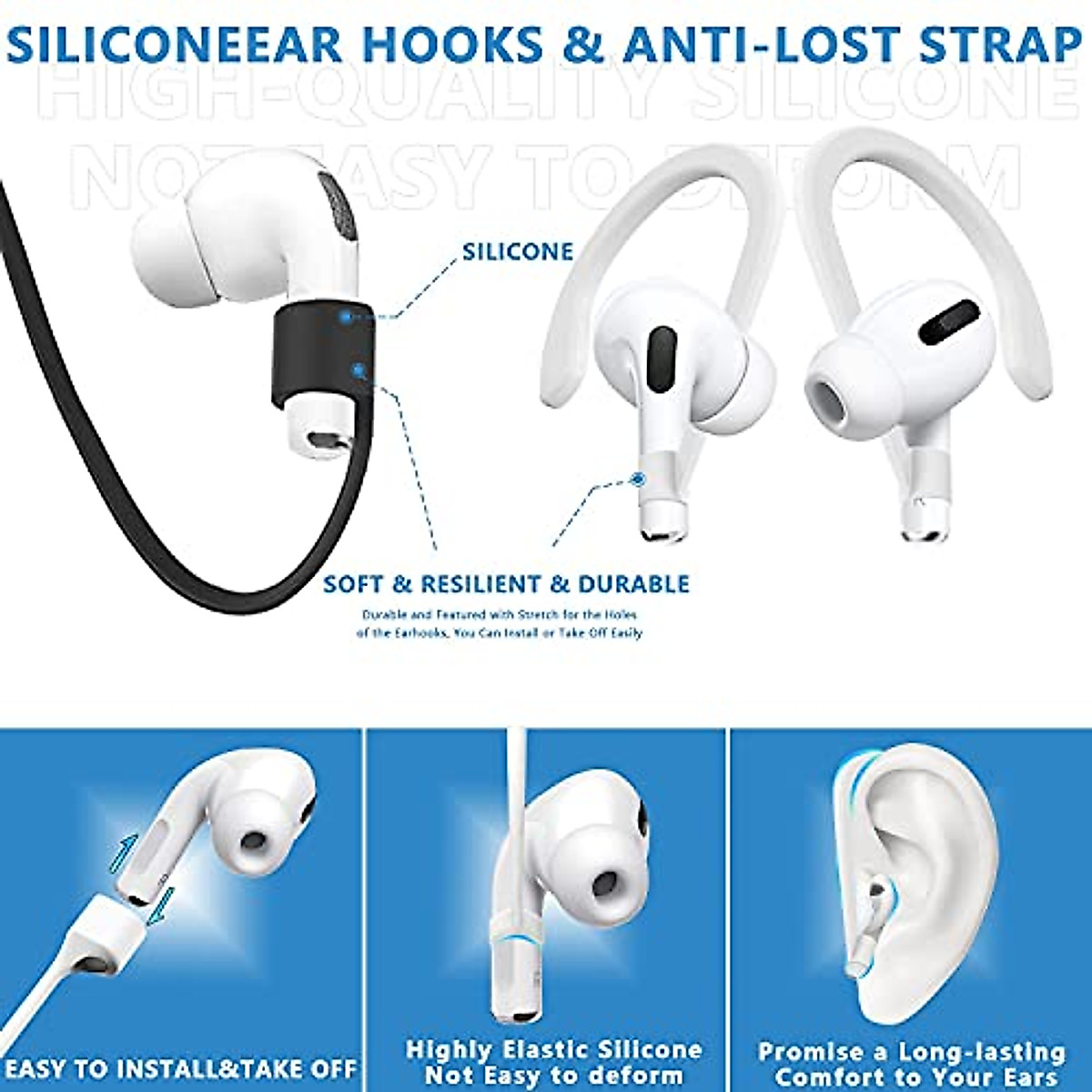 Airpods Pro Case, 15 in 1 Airpod pro Accessories Set Kit, Silicone Anti-Lost Straps/Watch Band Holder/Ear Hooks/Storage Box/Ear Tips/Keychainfor Apple Airpods Pro Charging Case Cover Skin (Black)