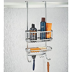 mDesign Metal Wire Over Door Bathroom Tub & Shower Bath Caddy, Hanging Storage Organizer Center - Holds Shampoo, Conditioner, Body Wash, Razor, Towel - 2 Baskets, 6 Hooks - Hyde Collection - Silver