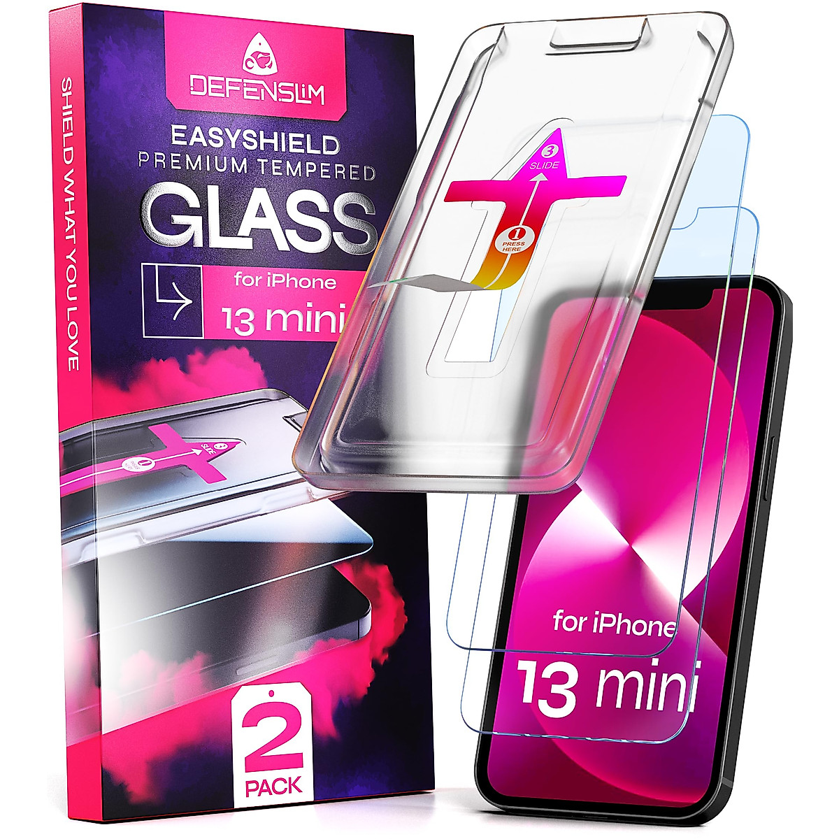 Defenslim Screen Protector compatible with iPhone 13 mini (2Pack), Easy Auto-Align Install Kit, 5.4" Tempered Glass, 9H Hardness, Ultra HD Clear, Case Friendly, EasyShield