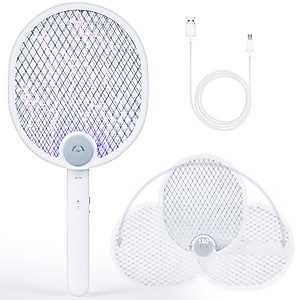 POWIFY 2 in 1 Foldable Electric Fly Swatter, USB Rechargeable Bug Zapper Racket with UV Light, 3 Layers Mesh Mosquito Swatter for Mosquito Fly Gnat Wasp (1 Pack)