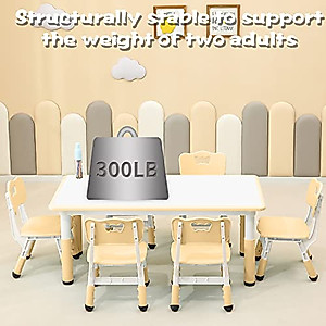monleelnom Children's Table and Chair Set Suitable for Boys and Girls Age 2-12 Height Adjustable Table top Can be Painted with 6 Seats Suitable for Family Learning Daily use (Wood Color)