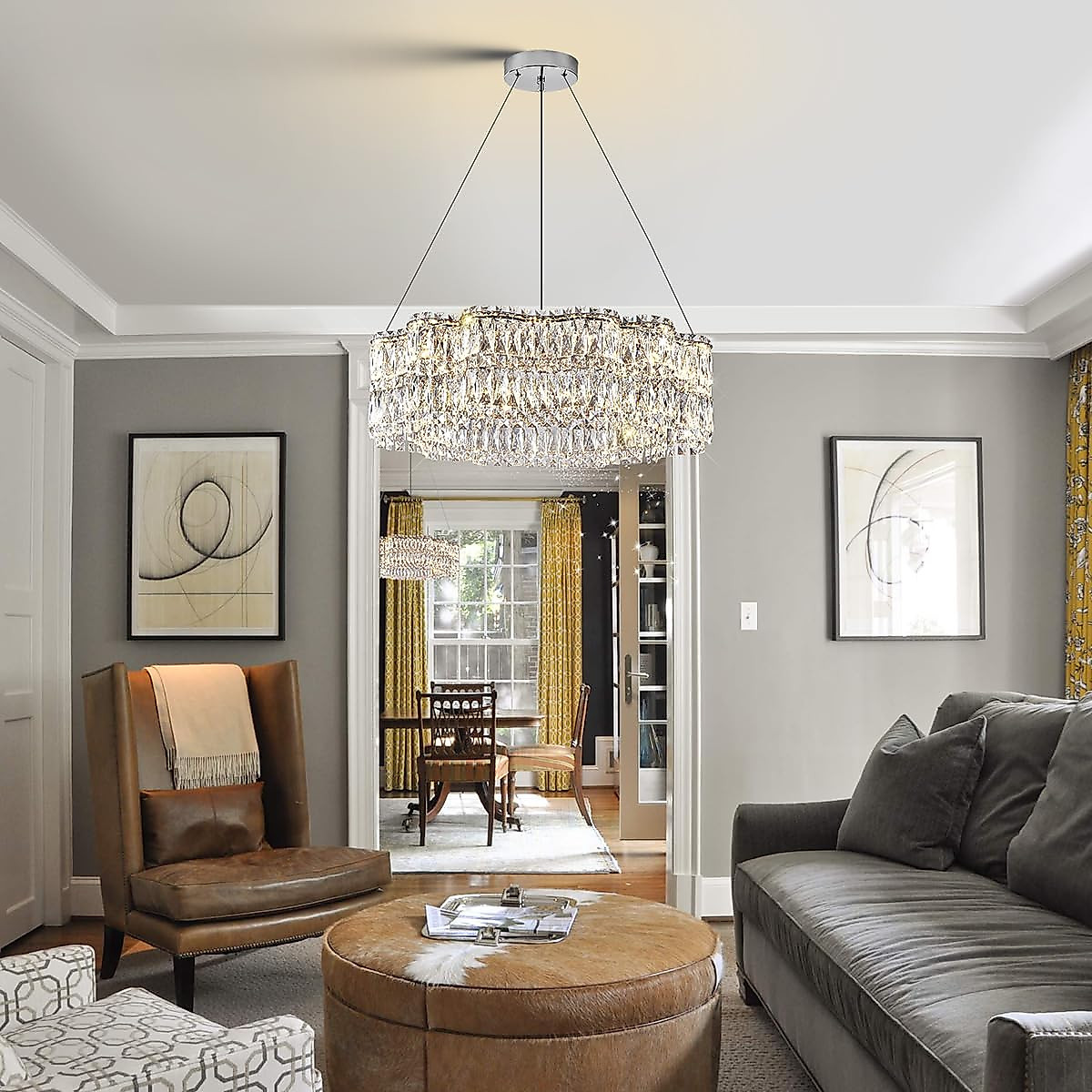 Poemoon Modern Crystal LED Chandelier 32’’ with Remote Control Dimmable 3000-6500K Contemporary Chrome Luxury Chandeliers Light Fixture for Living Dining Room Bedroom Kitchen Island Foyer Entryway