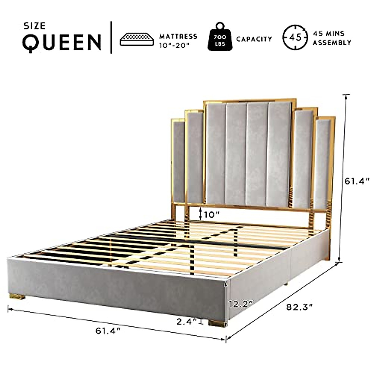 HOWE Queen Size Bed Frame and 61" Headboard, Upholstered Bed with Golden Plating Trim, Modern Platform Bed No Box Spring Needed, Light Grey