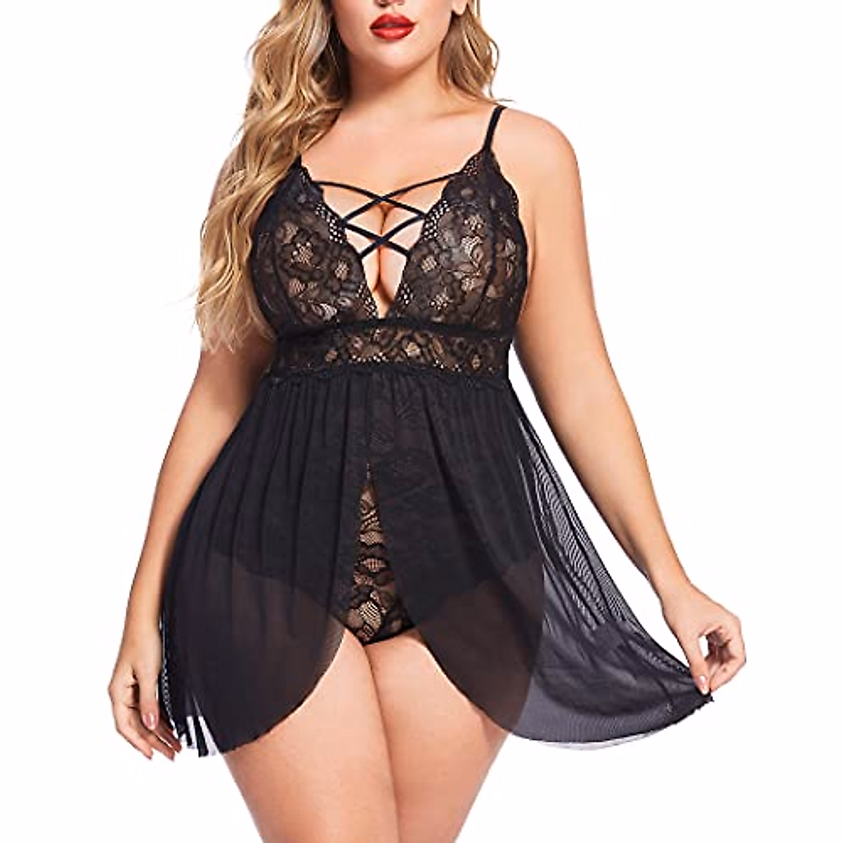 Avidlove Plus Size Lace Sleepwear Sexy Lingerie Lace Babydoll Set Nightwear Dress (Black, 3XL)