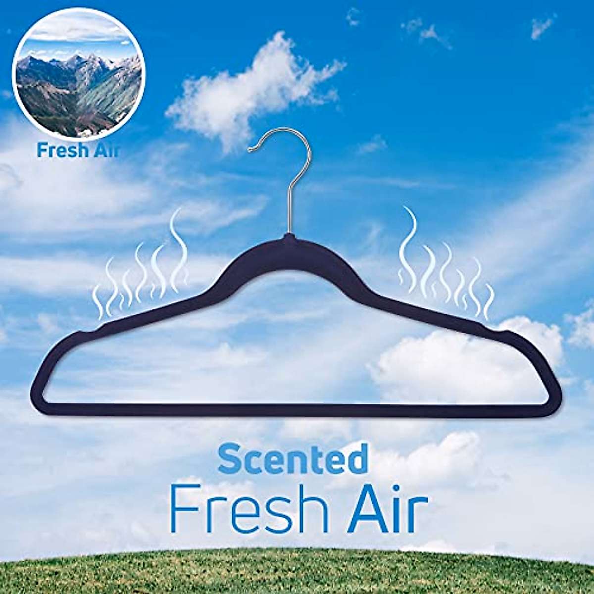 HangAroma Non-Slip Scented Velvet Hangers - Heavy Duty Clothes Hanger - Ultra Thin Space Saving 360 Degree Swivel Hook - Ideal for Coats, Jackets, Pants, & Dress - Fresh Air - 6 Pack