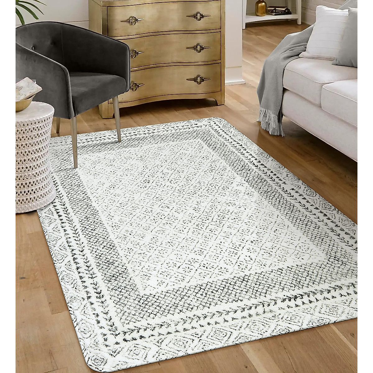 Uphome Moroccan Washable 5x7 Rug, Soft Non-Slip Boho Large Area Rug, Modern Geometric Diamond Living Room Carpet, Farmhouse Bohemian Printed Indoor Floor Mat for Bedroom Dining Sofa Nursery