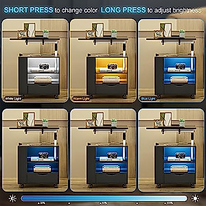 Shahoo Nightstand Set of 2 with Charging Station and 3 LED Lights, Modern End Side Table Featuring Open Storage, Drawer, Adjustable Rotary Stand Plate for Bedroom, Black, 2