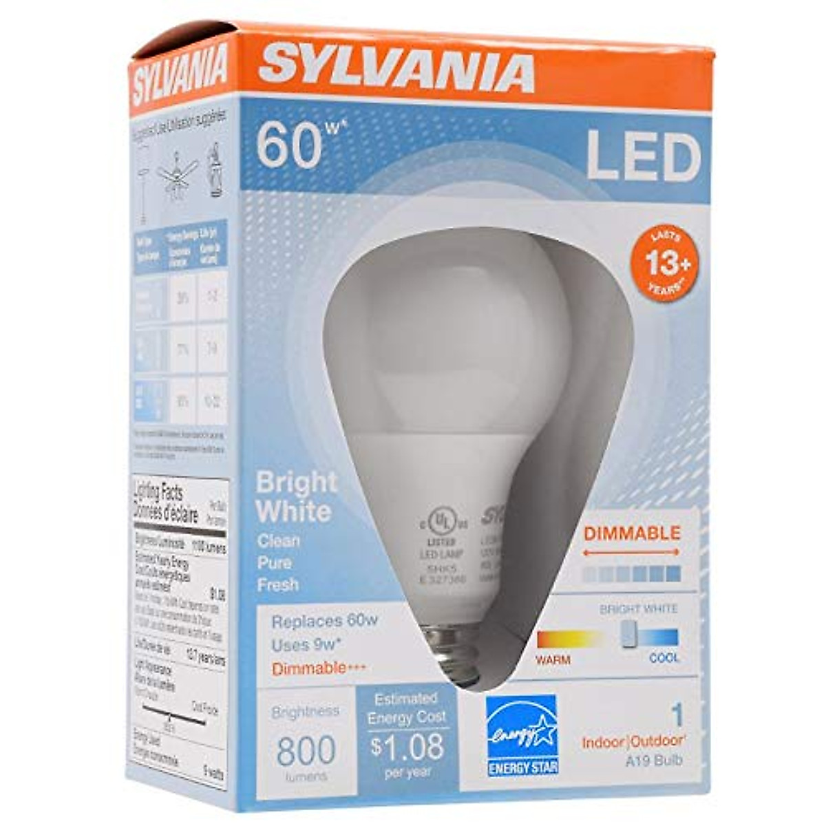SYLVANIA A19 LED Light Bulb, 9W, 60W Equivalent, 13 Year, Dimmable, 800 Lumens, 3500K, Bright White - 1 Pack (71185)