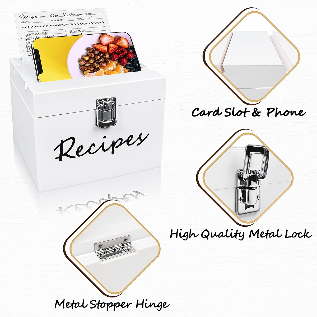 Fortuning's JDS Recipe Box with Cards and Dividers, Pinewood Recipe Organizer with 100 Double Sided 4x6 Recipe Cards, 100 Card Sheet Protectors, 12 Dividers and 2 Label Stickers