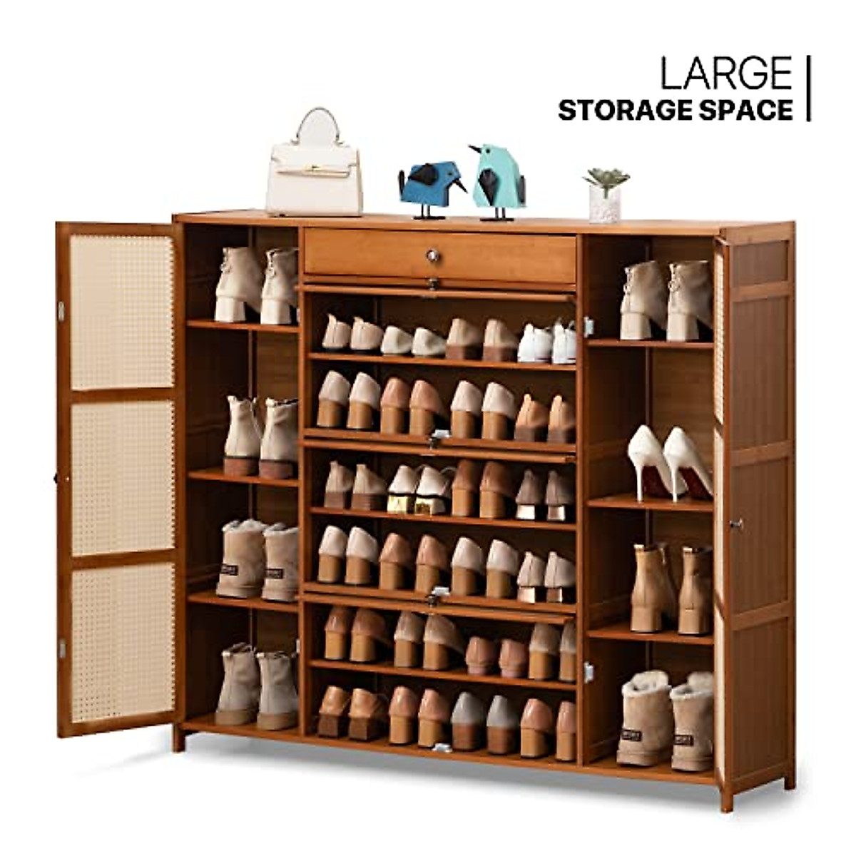 MoNiBloom Rattan Shoe Cabinet with 3 Drawers Rattan Pattern Free Standing Shoe, Shelf Storage Rack with Flip Doors & Drawer for 28-32 Pairs for Living Room, Entryway and Hallway, Brown