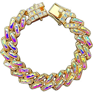 Apzzic 15mm Colorful Iced Out High Polished Gold Plated Hip Hop Miami Diamond Cuban Link Chain Bracelet for Men Women Gold 8Inch