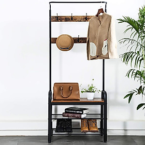 Sunnyglade Vintage Coat Rack Shoe Bench, Hall Tree Entryway Storage Shelf, Wood Look Accent Furniture Metal Frame, 3 in 1 Design, Easy Assembly