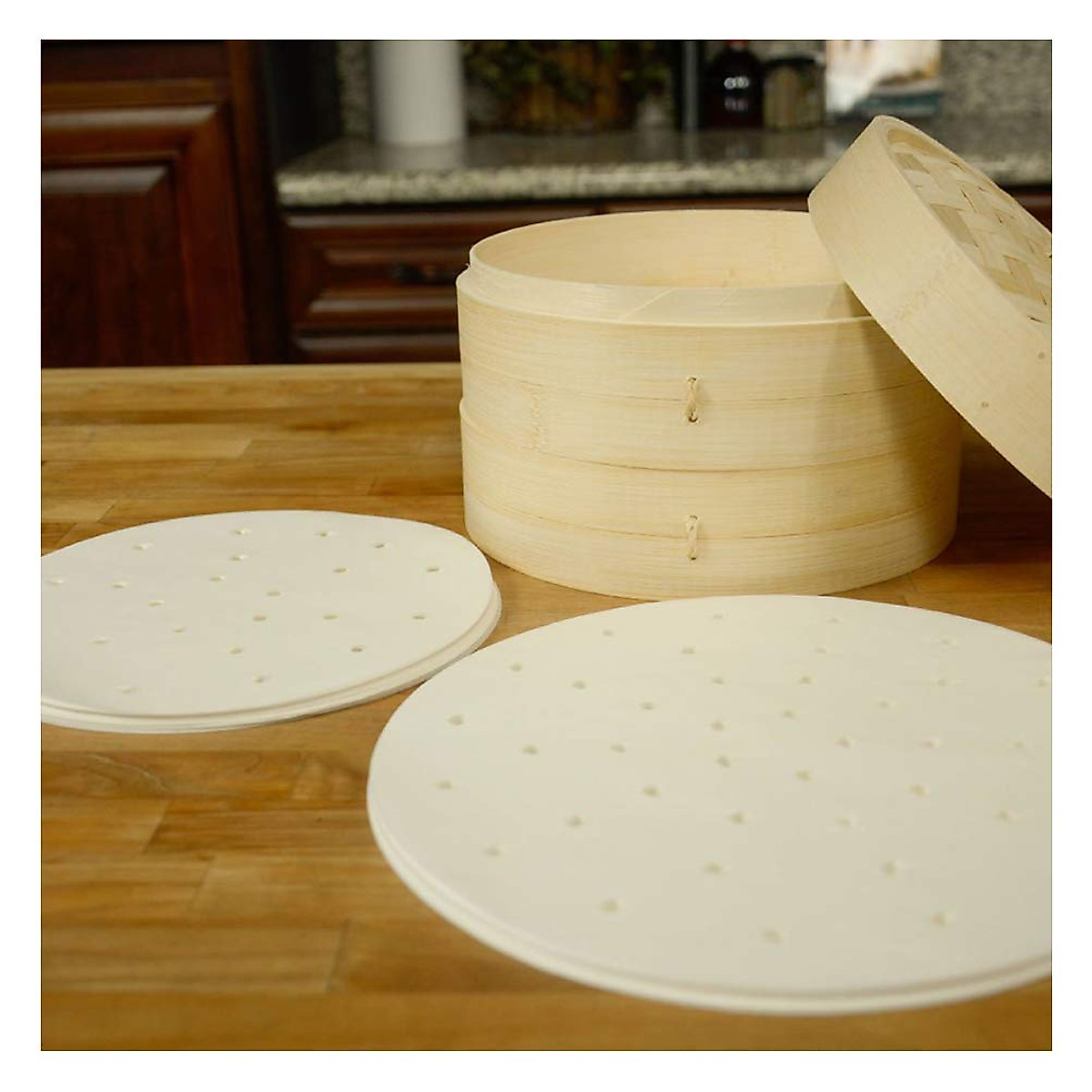 Selaurel 300pcs Air Fryer Liners 7.5 inch Round Bamboo Steamer Liners Premium Perforated Parchment Paper Sheets Non-stick Basket Mat for Air Fryers Steaming Baking Dumplings Cooking