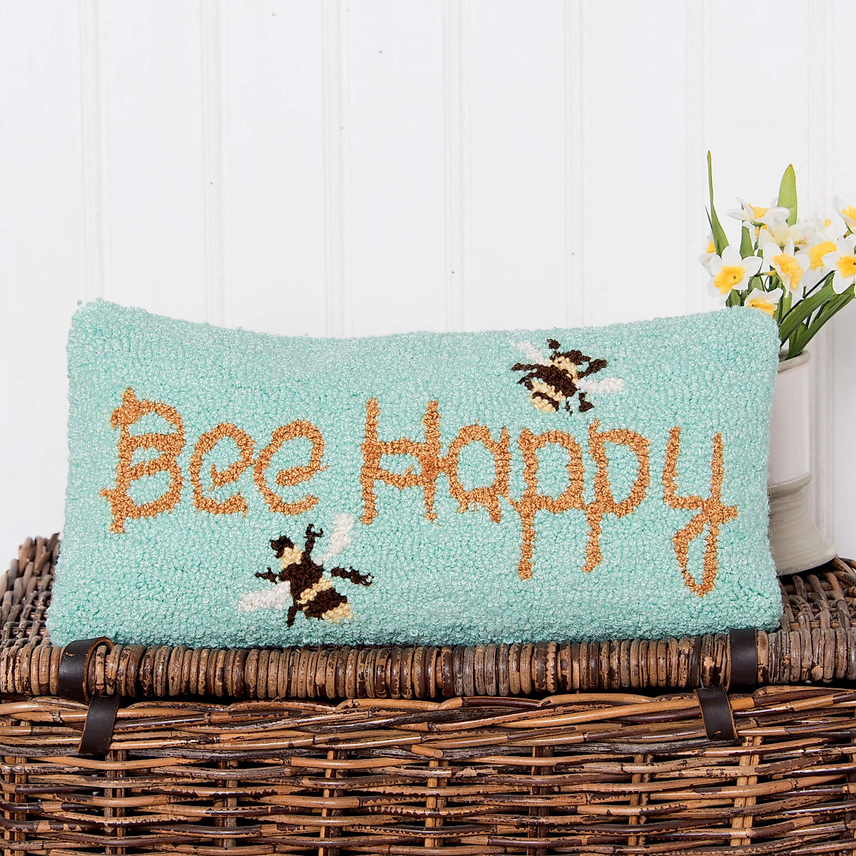C&F Home Bee Happy Bumble Bee Green Yellow Garden Summer Decor Decoration Handmade Hooked Handmade Small Petite Accent Throw Pillow 10" x 20" Yellow