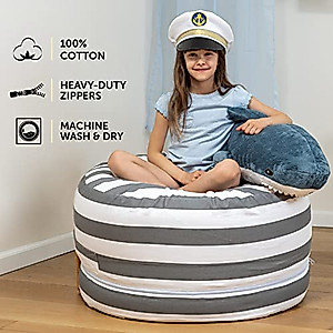SMART WALLABY 2 Sizes in 1 Stuffed Animal Storage Bean Bag Chair Cover for Kids & Adults | Washable XL Stuffie Seat | 100% Cotton | Pouf Organizer for Plush Toys, Linens, Quilts & Pillows | Royal Grey