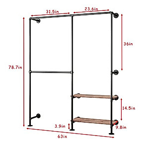 IronJiaZu Industrial Pipe Clothes Racks with Black Shelves, Industrial Pipe Black Clothing Rack with Double Hanging Rods, Heavy Duty Wall Mounted Clothing Rack Rod for Closet Storage, Bedroom