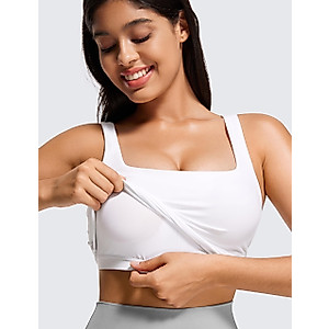 CRZ YOGA Butterluxe Womens Square Neck Longline Sports Bra - Workout Crop Tank Tops Padded with Built in Shelf Yoga Bra White Medium