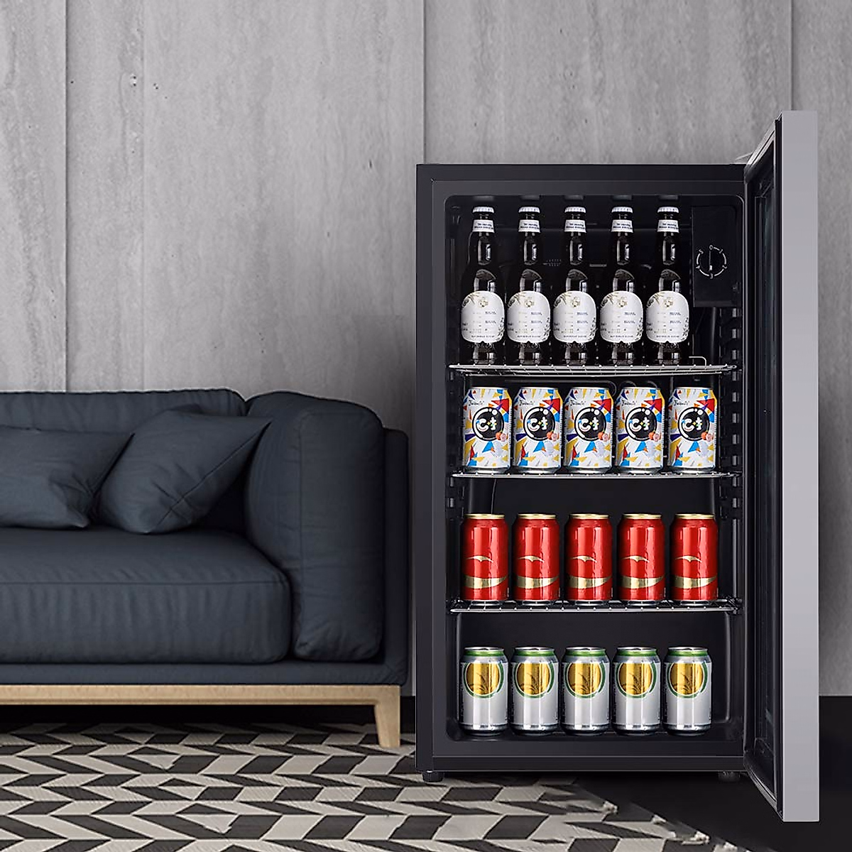 KUPPET 120-Can Beverage Cooler and Refrigerator, Small Mini Fridge for Home, Office or Bar with Glass Door, Perfect for Soda Beer or Wine, Black&Stainless Steel, 3.1 Cu.Ft