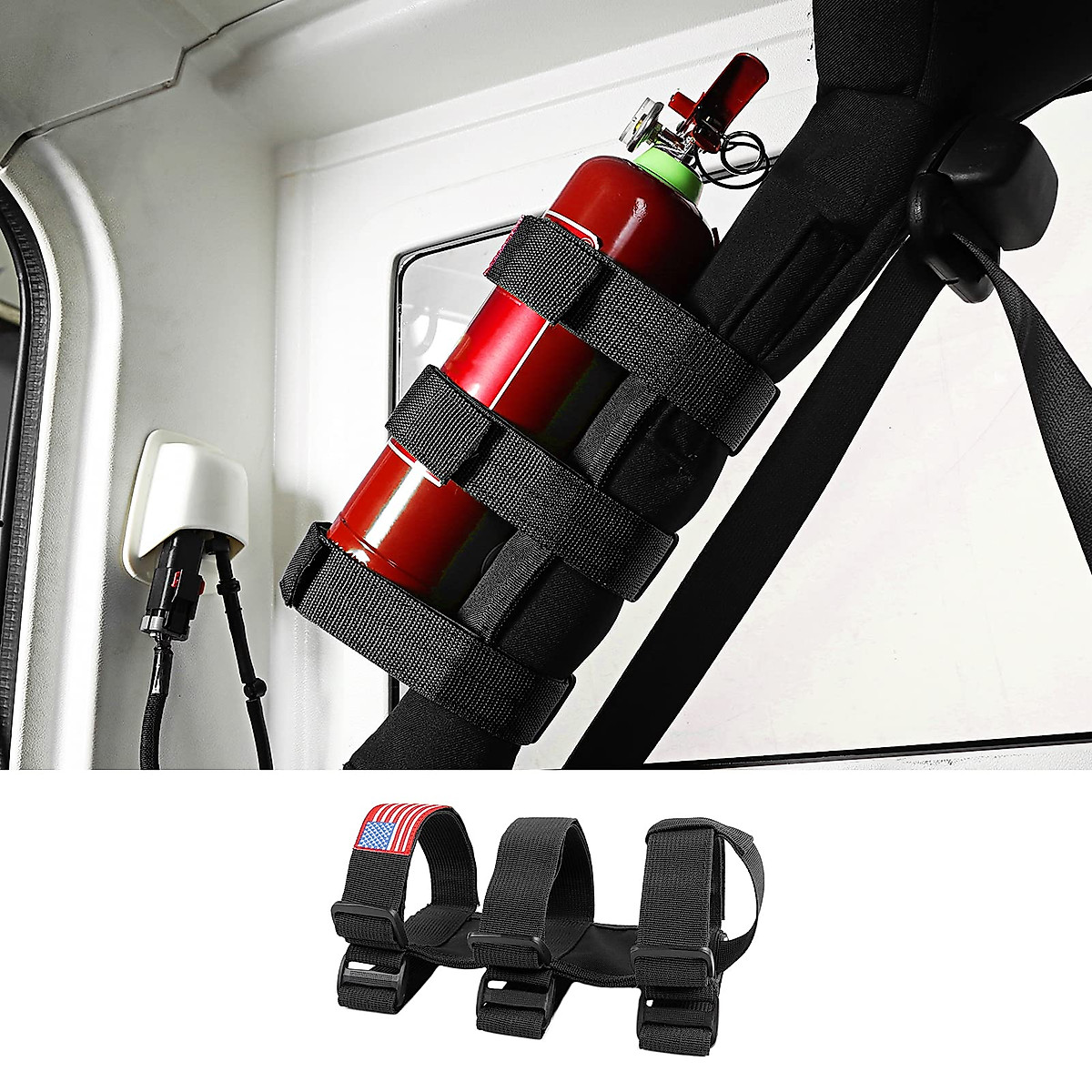 Hoolcar Roll Bar Fire Extinguisher Holder 2.5-3LB Adjustable Extinguisher Strap Mount for 1965-2021 Jeep Wrangler TJ CJ YJ JK JKU JL JLU JT, Black, 1PC