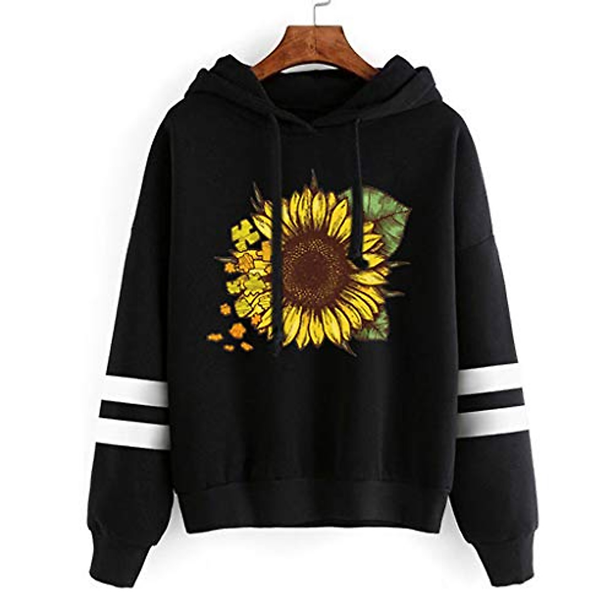 Womens Crewneck Hooded Sweatshirt Sunflower Print Hoodies Winter Patchwork Pullover Long Sleeve Tunics Tops Blouse