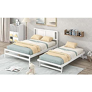 Morhome Full Size Platform Bed with Adjustable Trundle, Wooden Bed Frame with Headboard for Kids Teens Adults