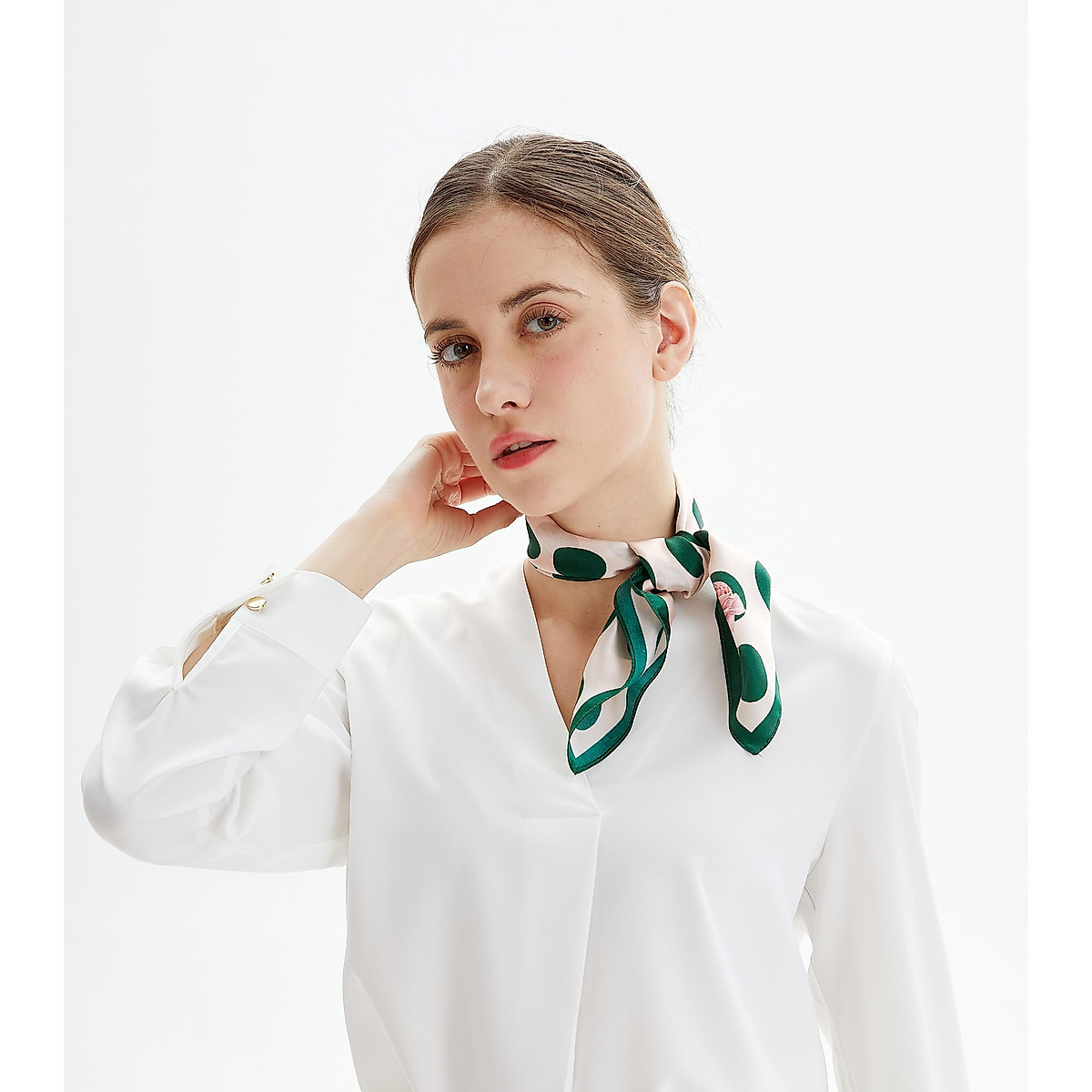 MEISEE Pure Mulberry Silk Scarfs Women Small Square Scarf 21" x 21" Breathable Lightweight Neckerchief Printed Headscarf (B-60 Green dot)