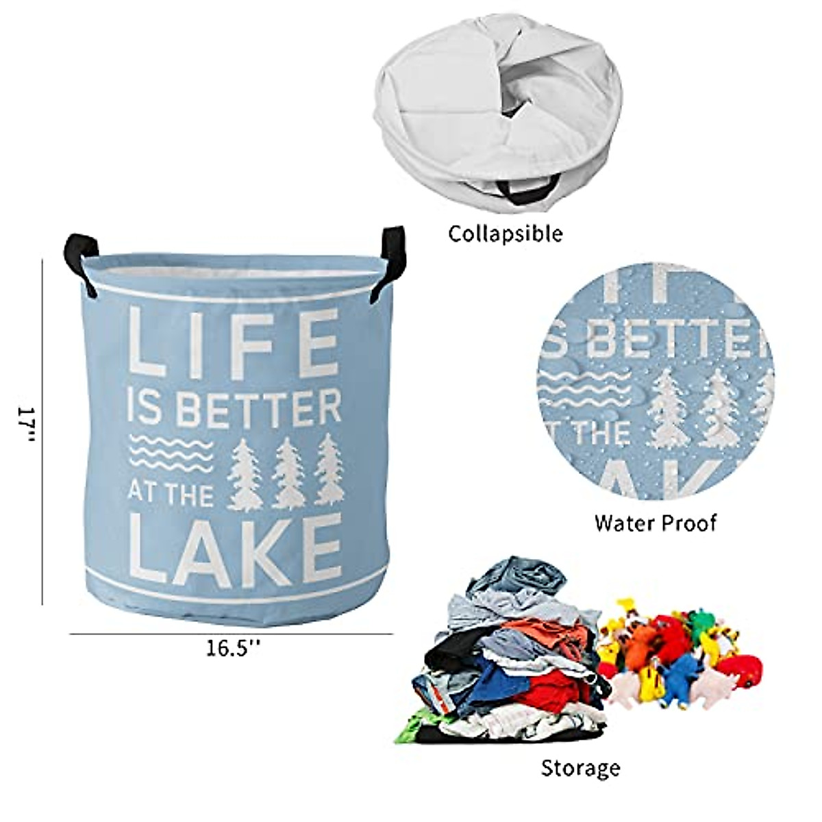 Laundry Basket Summer LIFE IS BETTER AT THE LAKE Blue Background Hampers for Laundry Room/Dorm/Nursery Collapsible Clothes Hamper with Handle Waterproof Storage Baskets for Bedroom/Bathroom 16.5x17in