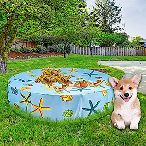 Docuwee Round Pool Cover 32", Foldable Kiddie Solar Cover Fit Dog Swimming Pool, Pets Kids Bath Tub, Inflatable Pool, Anti-UV Dustproof Pool Safety Cover with Starfish Shells Pattern