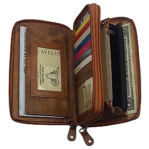 Cavelio Leather Wallets for Women RFID Blocking Double Zip Around Credit Card Holder Phone Clutch (Tan)