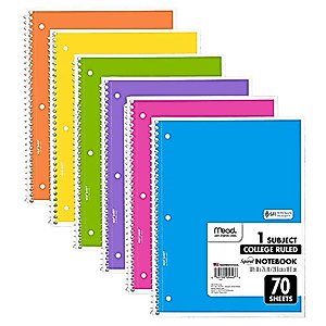 Mead Spiral Notebooks, 6 Pack, 1-Subject, College Ruled Paper, 10-1/2" x 8”, 70 Sheets per Notebook, Assorted Colors (73065)…