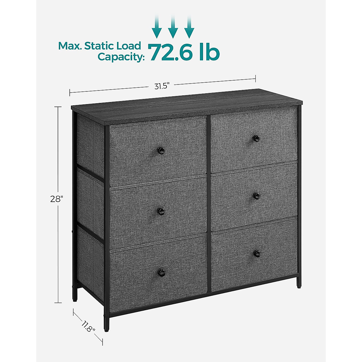 SONGMICS Dresser for Bedroom, Chest of Drawers, 6 Drawer Dresser, Closet Fabric Dresser with Metal Frame, Gray and Black with Wood Grain ULTS323G22, 11.8”D x 31.5”W x 27.1”H