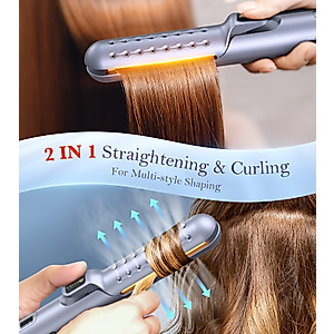 360° Airflow Hair Curling Flat Iron, 2 in 1Hair Curler & Straightener for All Styles, with 15S PTC Fast Heat-Up, 3D Floating Plate & 48 Tiny Ionic Air Vents for Better Maintain Your Look