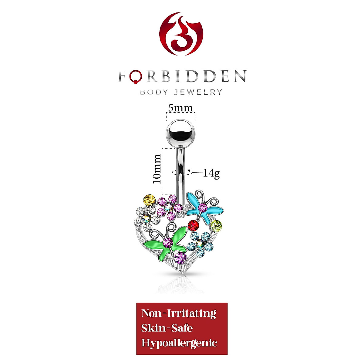 Forbidden Body Jewelry Surgical Steel Butterfly and Flower Heart Jeweled Belly Button Ring