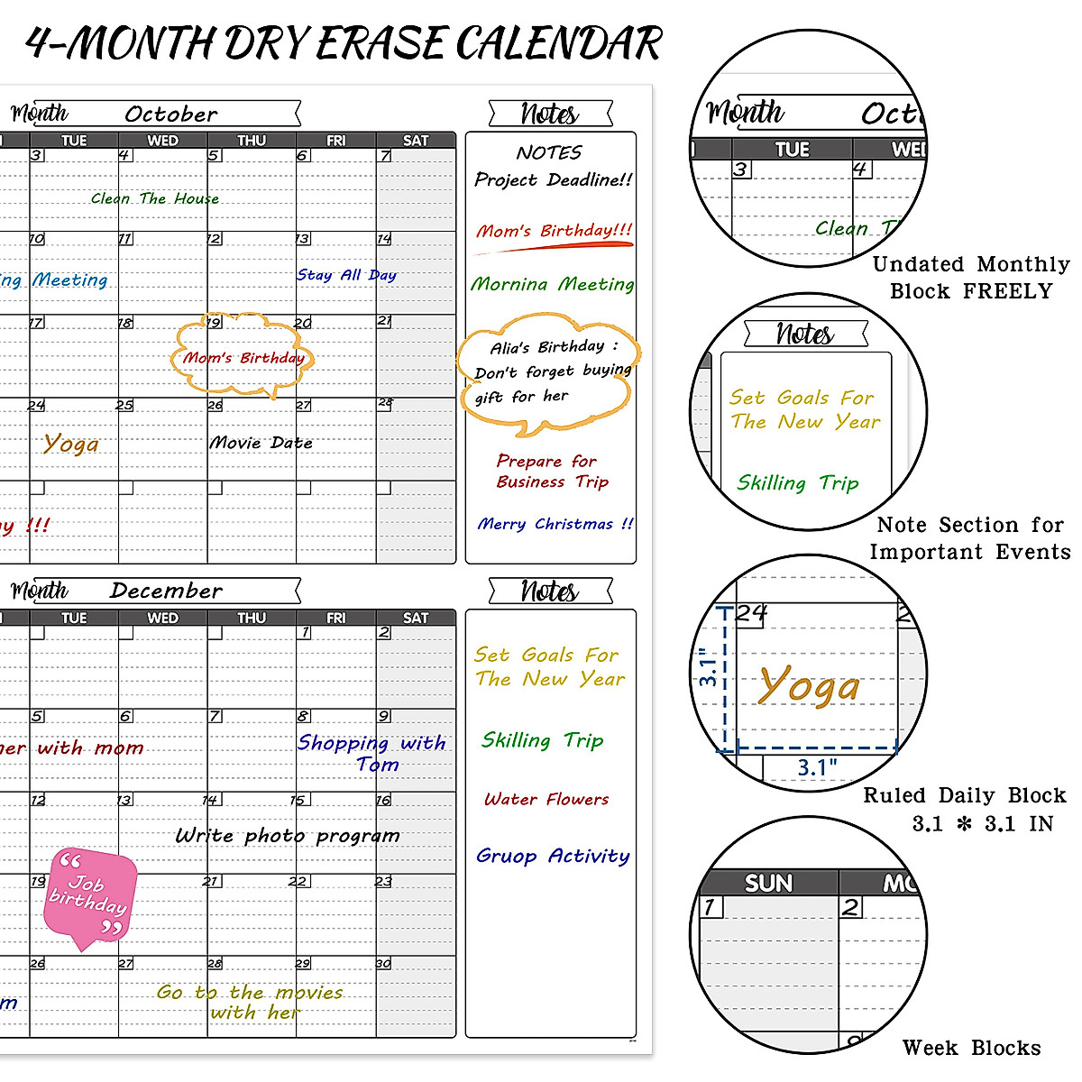 Large Dry Erase Calendar for Wall - Undated 4 Months Wall Calendar, Dry Erase Calendar, 52" x 36", Yearly Wall Calendar Dry Erase for Office, Home