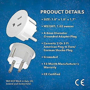 OREI American USA to European Schuko Germany Plug Adapters CE Certified Heavy Duty - 6 Pack - Perfect for Travelling with Cell Phones, Laptops, Cameras & More
