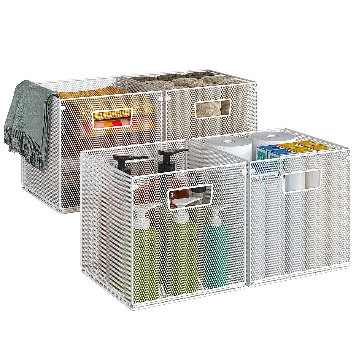 JKsmart Storage Cubes, Basket for Shelves with Handles, Set of 4 Storage Bins, Foldable Baskets for Organizing Toys, Books 10.5x10.5x10.5inch, Multipurpose Storage for Cabinet Bookcase, White