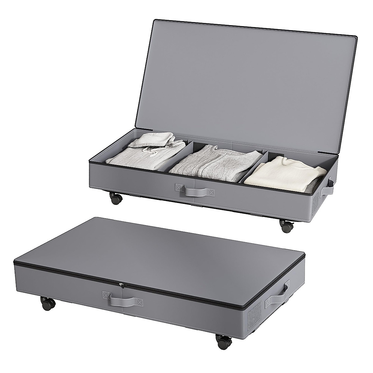 BEESTMUEBLE 2Pack Under Bed Storage, 53 L Under Bed Storage Containers with Wheels and Lids, Thicken 600D Oxford Cloth Under the Bed Organizer with Handles for Blankets, Pillows and Clothes, Grey