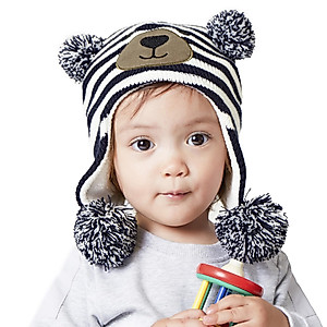 Century Star Baby Boy Hat Winter Fleece Lined Hat Knit Earflap Kids Caps Infant Toddler Hats for Baby Girls with Pom Pom Bear Navy 0-12 Months