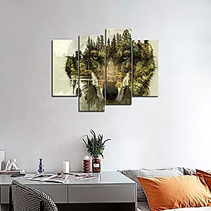 Wolf 4 Pieces Modern Canvas Painting Wall Art The Picture for Home Decoration Wolf Pine Trees Forest Water Wolf Animal Print On Canvas Giclee Artwork for Wall Decor