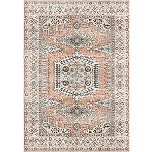 Valenrug Washable Rug 5x7 - Ultra-Thin Antique Collection Area Rug, Stain Resistant Rugs for Living Room Bedroom, Distressed Persian Boho Rug(Peach/Yellowish, 5'x7')