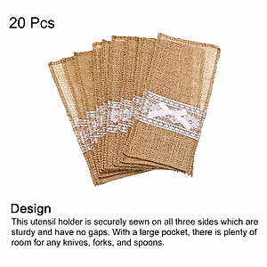 uxcell Burlap Lace Utensil Holders, 20Pcs Knife Forks Napkin Silverware Holder Bag Cutlery Pouch for Wedding Dinner Decoration