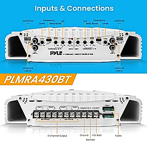 Pyle 2.1 Bluetooth Marine Amplifier Receiver - Waterproof 4 Channel Wireless Bridgeable Audio Amp for Stereo Speaker with 1000 Watt Power Dual MOSFET Supply, GAIN Level and LED Indicator -PLMRA430BT